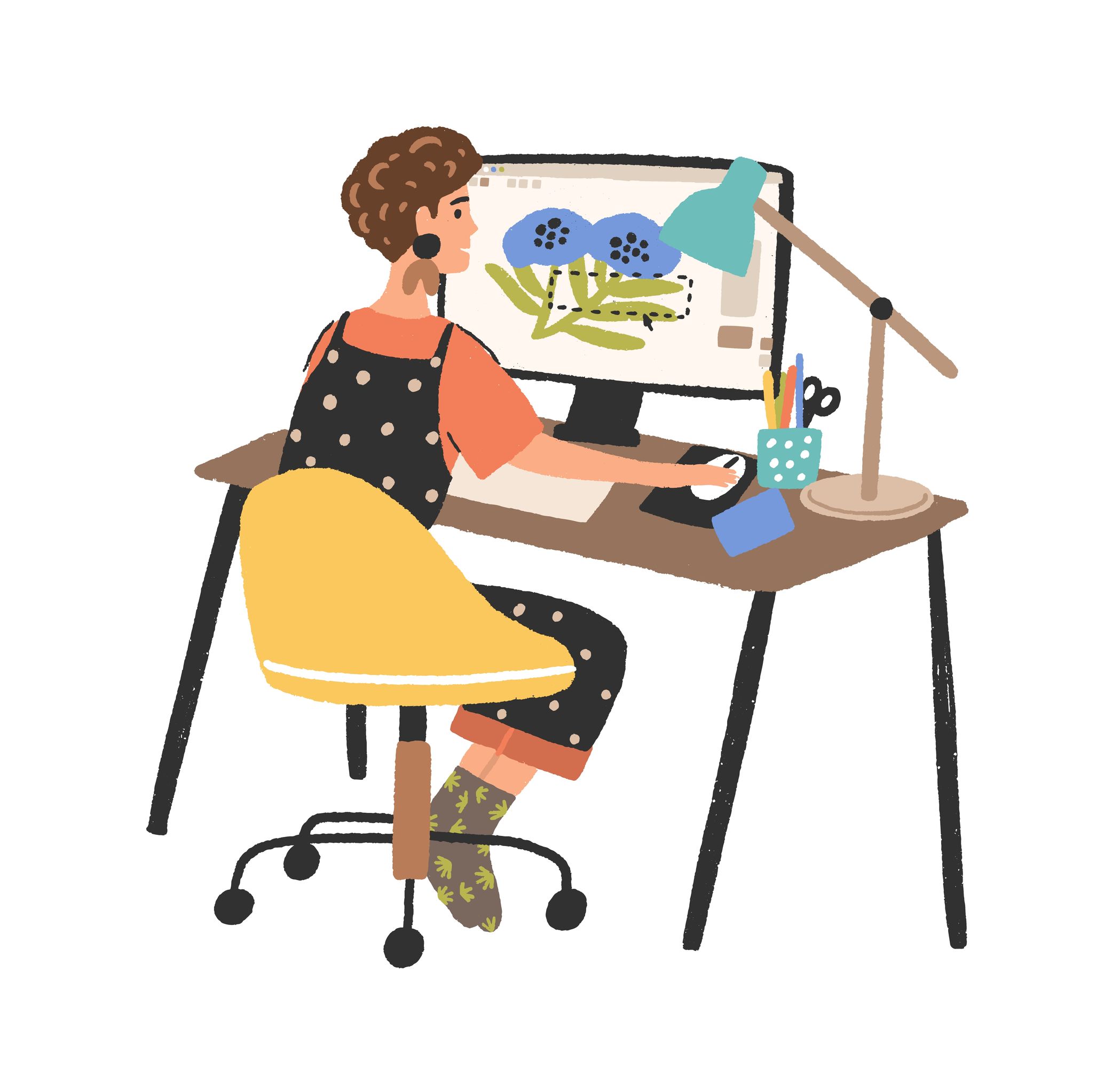 Woman freelance graphic designer working use computer vector flat ...